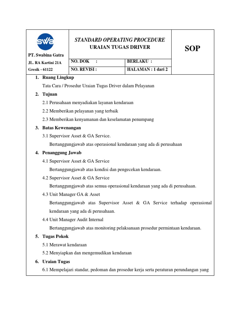 Sop Driver Dan Admin Baru | PDF