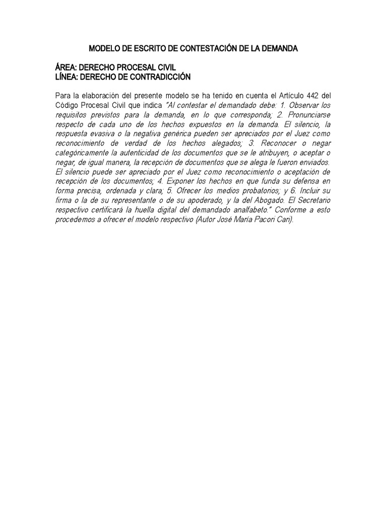 Modelo de Contestación de Demanda Civil | PDF | Demanda judicial | Justicia