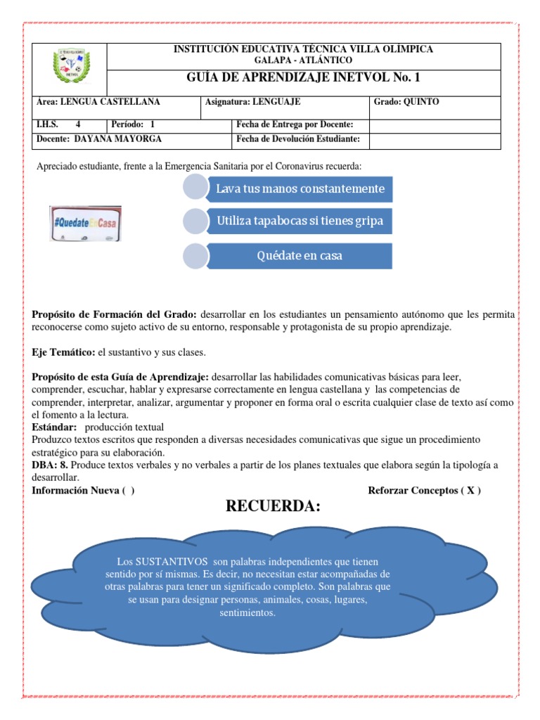 Taller #1 Lenguaje Sustantivos | PDF | Sustantivo | Aprendizaje