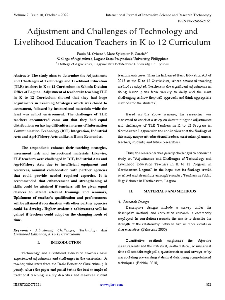 Adjustment and Challenges of Technology and Livelihood Education ...