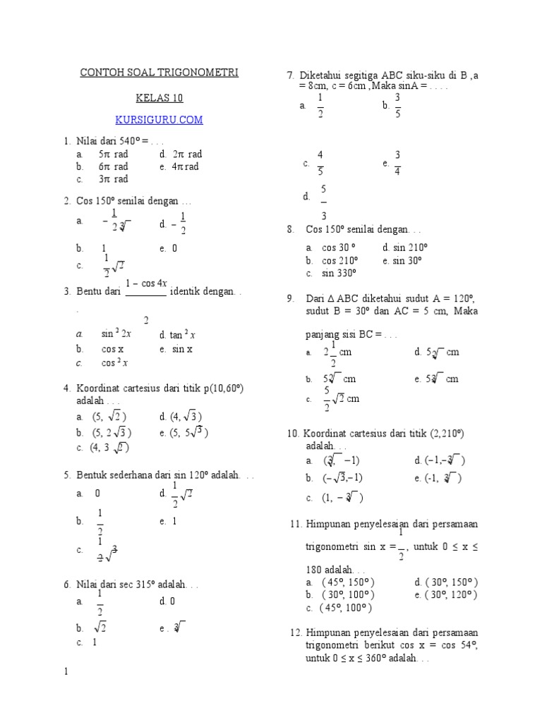 Contoh Soal Trigonometri Kelas 10 Jawaban PDF | PDF