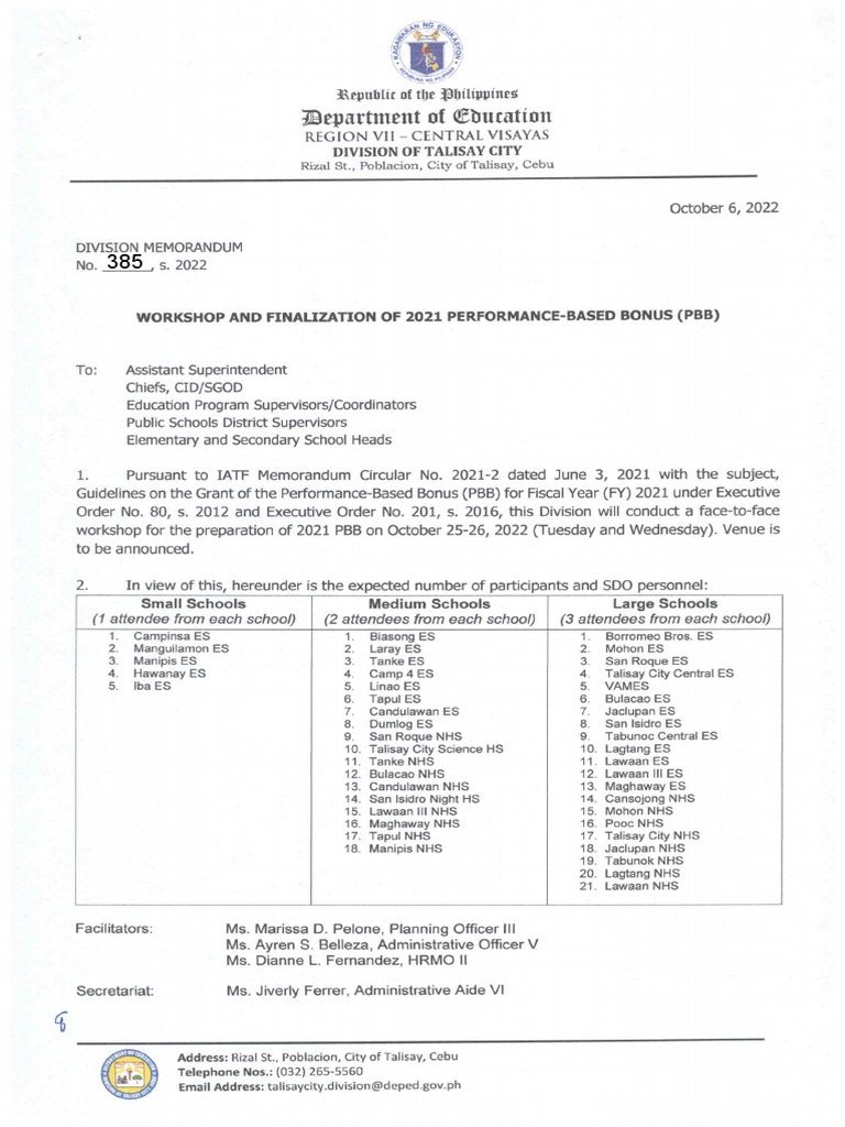 DM 385 S. 2022 Memo On PBB 2022 | PDF