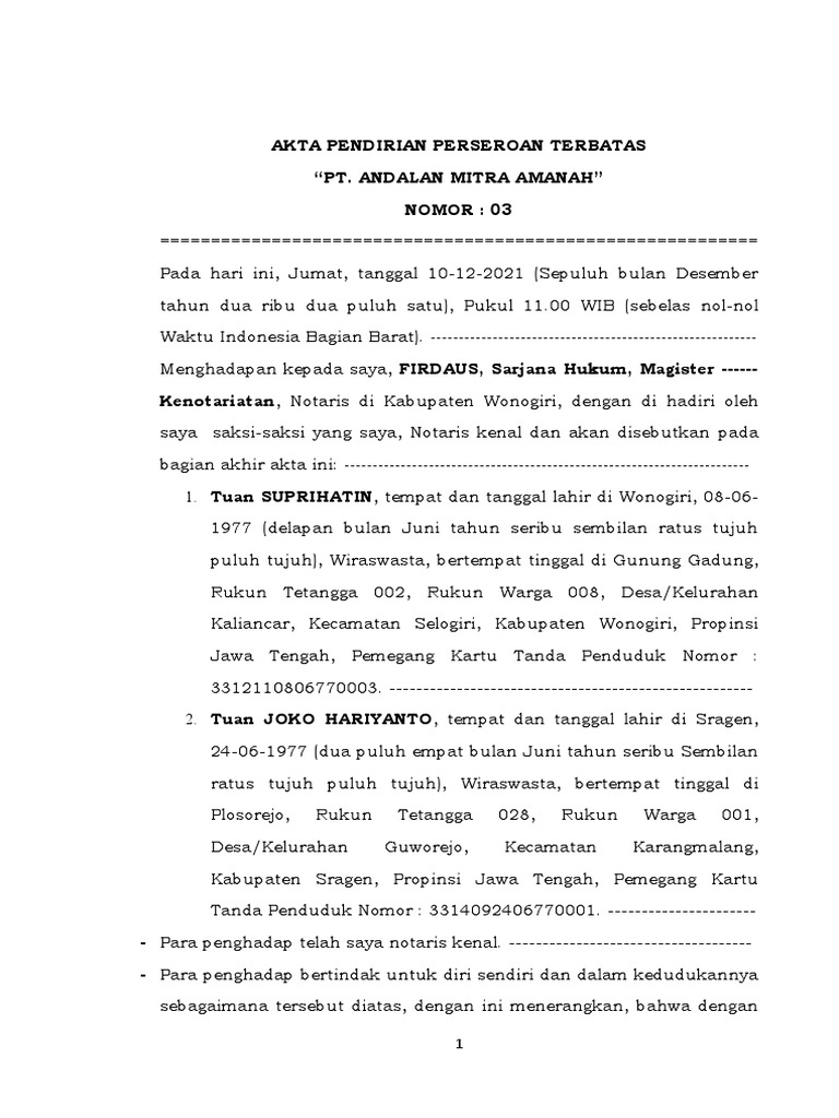 Akta Pendirian PT | PDF