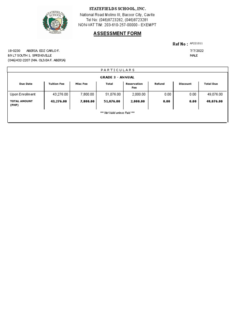 AP221011 Student Assessment Form | PDF