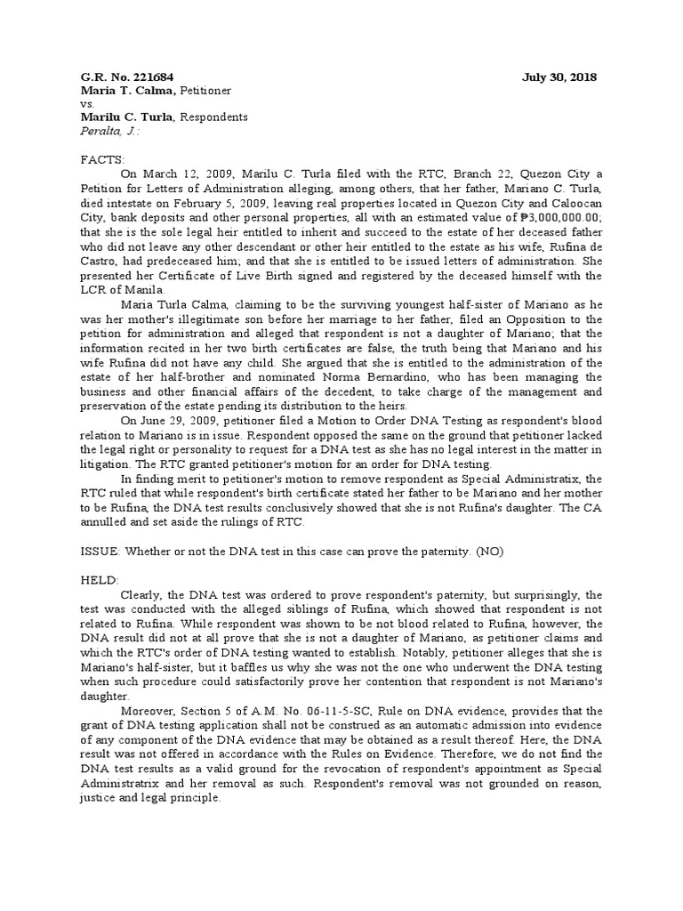 CASE No. 201 Maria T. Calma vs. Marilu C. Turla | PDF | Inheritance ...