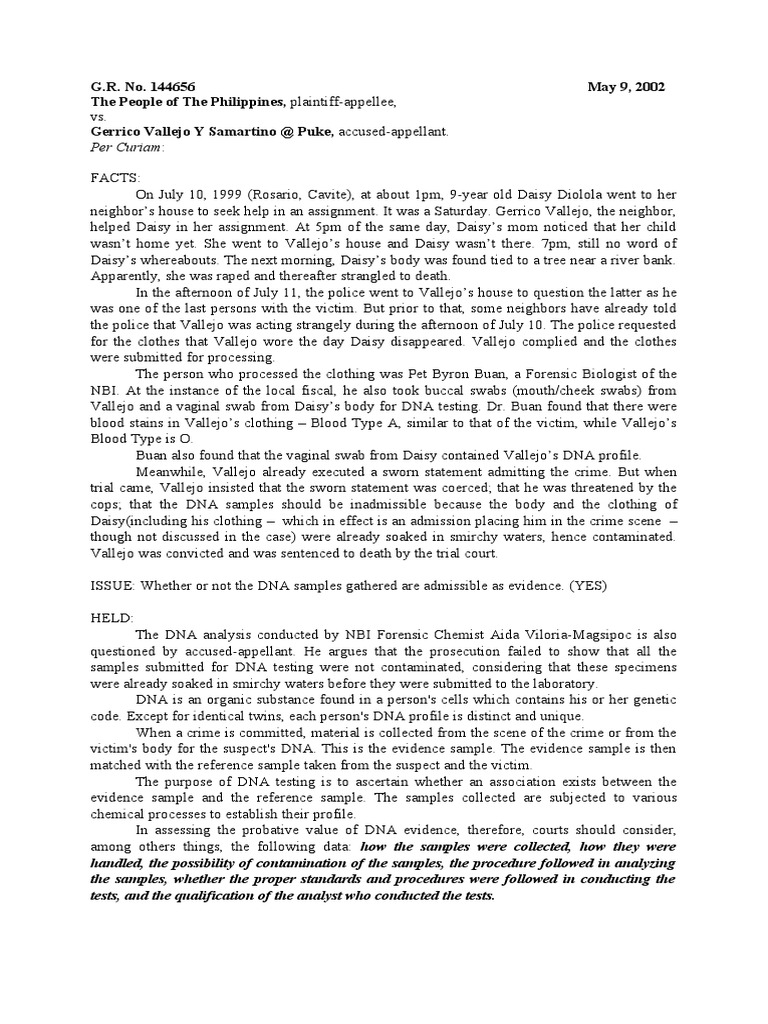 CASE No. 204 People of The Philippines vs. Gerrico Vallejo Y Samartino Alias PUKE | PDF | Dna ...
