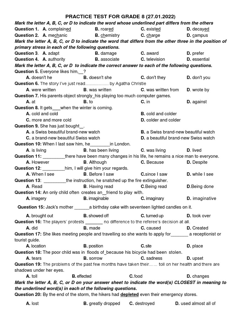 Practice Test 28 For Grade 8 | PDF | Vocational Education | Experience