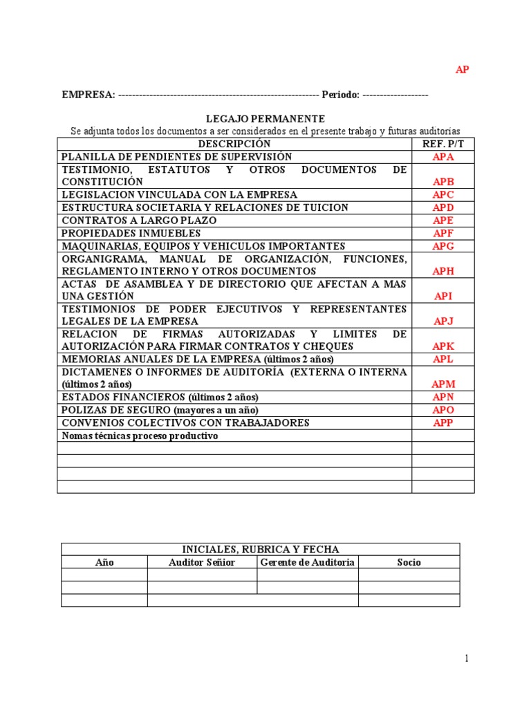 LEGAJO PERMANENTE Modelo | PDF | Auditoría | Servicios financieros