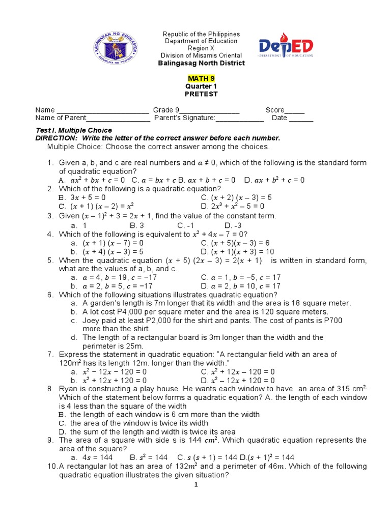 PRETEST | Download Free PDF | Length | Algebra