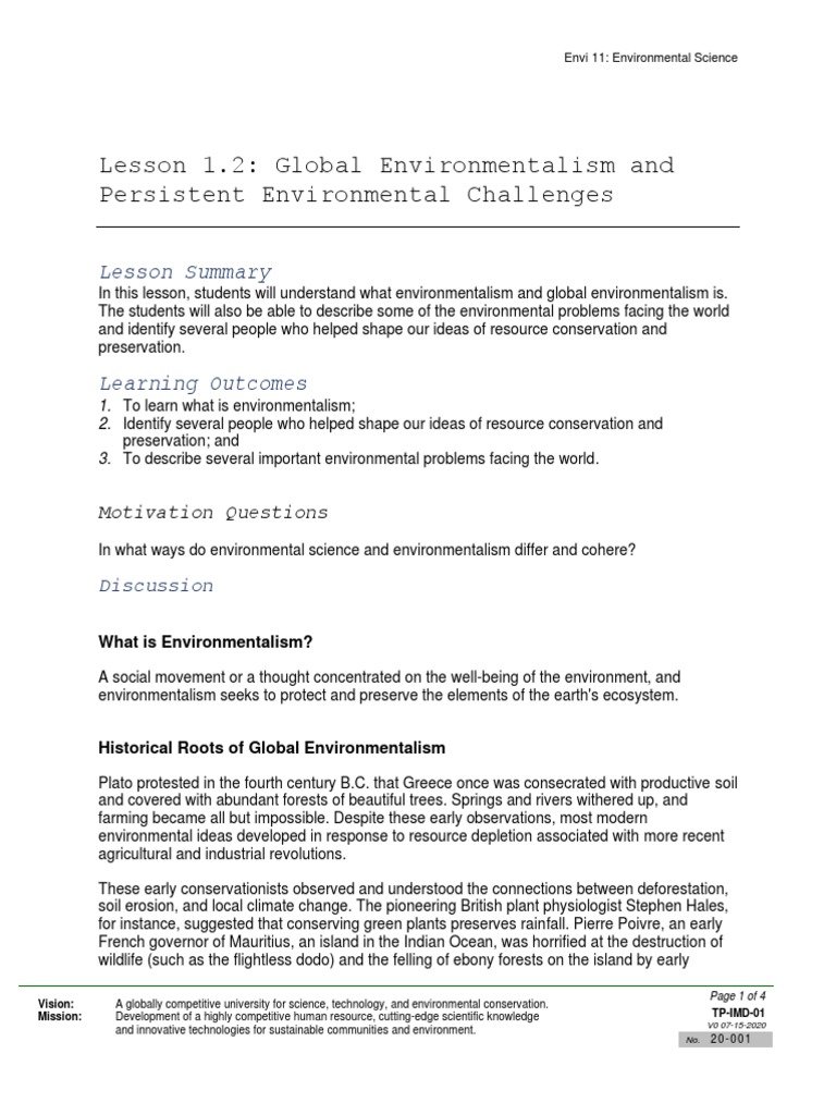 Lesson 1.2-Global Environmentalism and Persistent Environmental ...