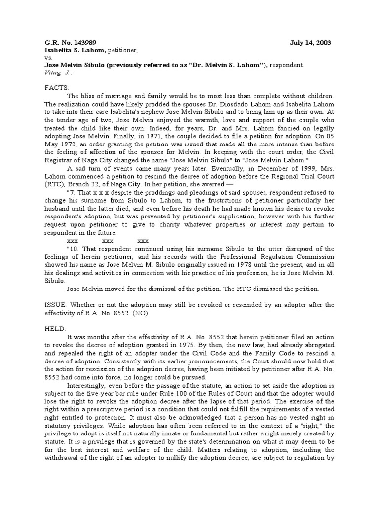 CASE No. 214 Isabela Lahom vs. Jose Melvin Sibulo | PDF | Repeal ...