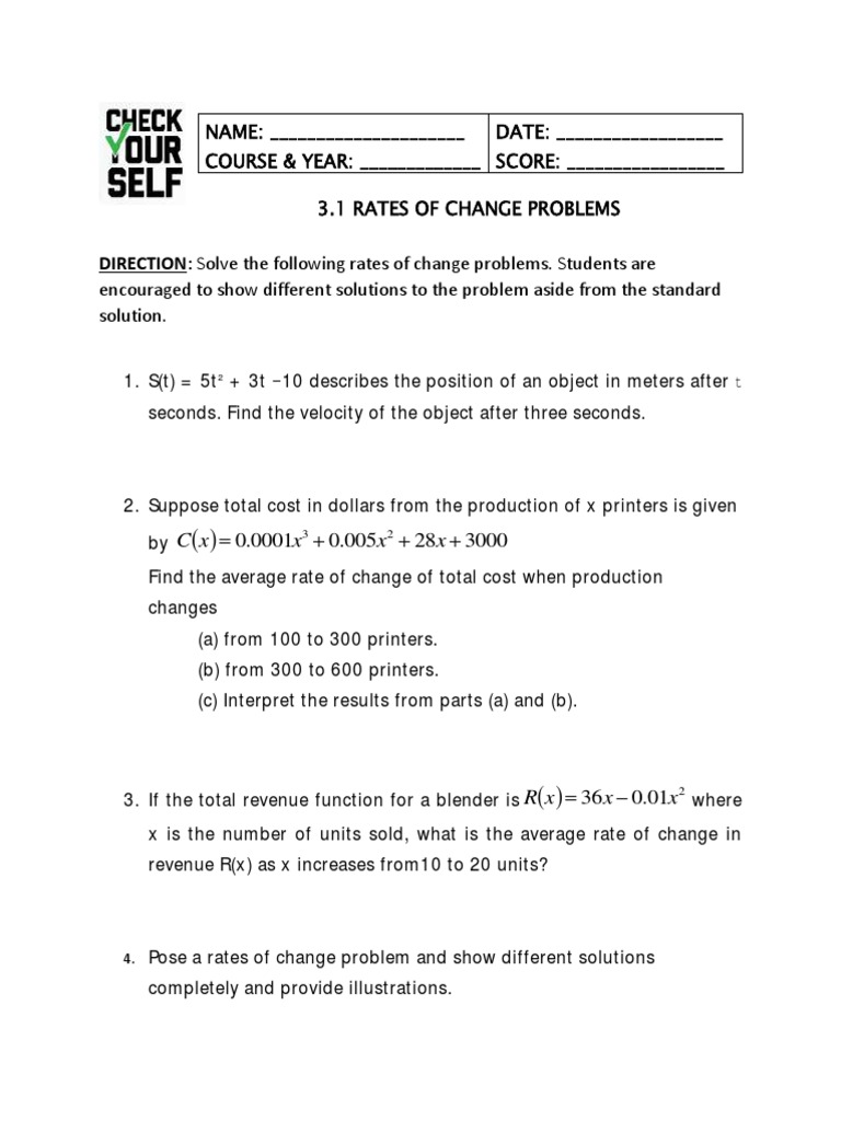 Rates of Change and Related Rates: A Collection of Word Problems and ...