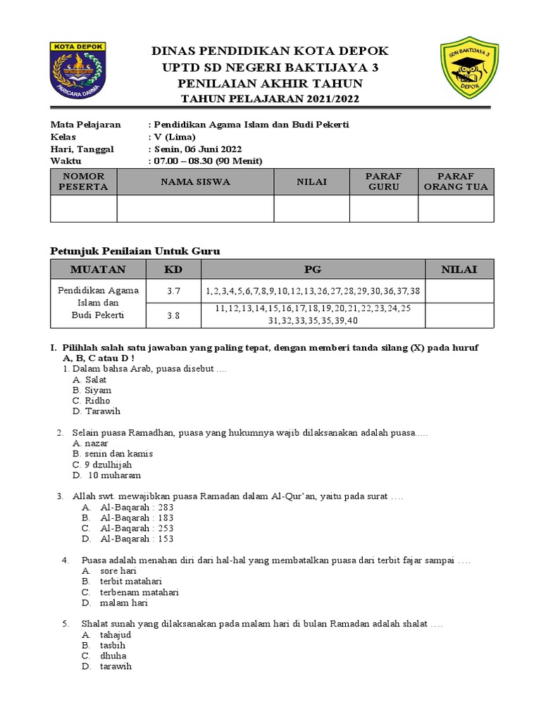 Soal Pat Pai Kelas 5 BJ 3 2022 | PDF