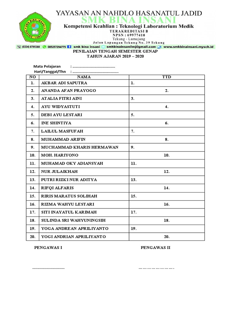 Daftar Hadir Siswa Uts 1 | PDF