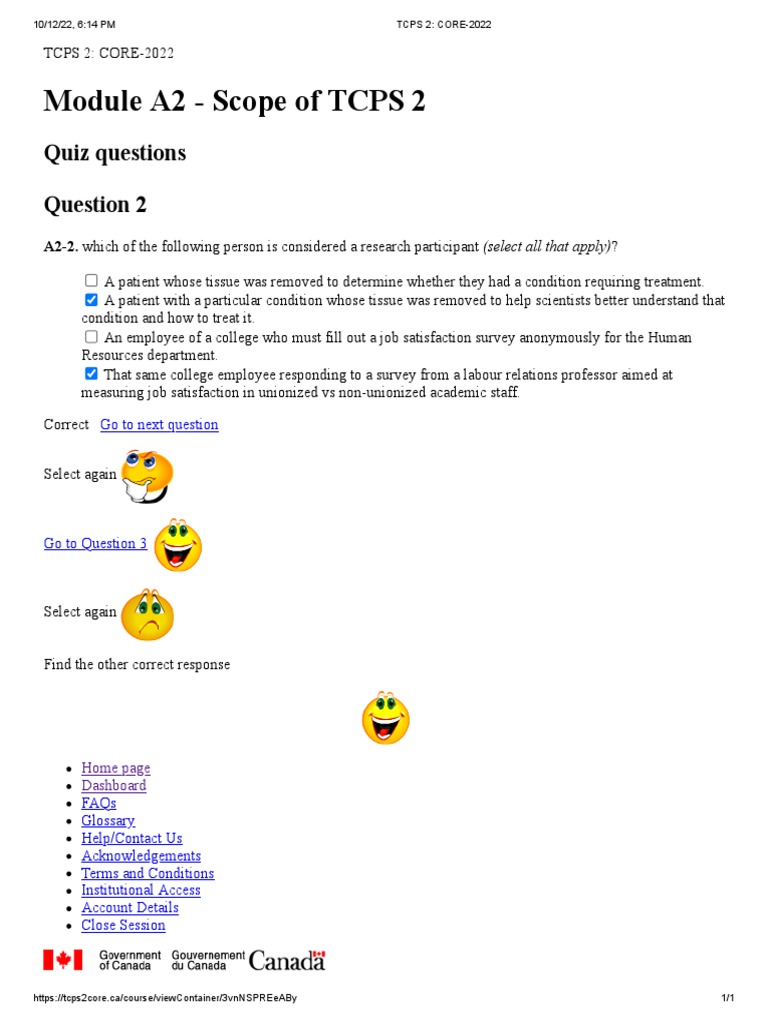 TCPS 2: CORE-2022 Module A2 Quiz | PDF | Career & Growth