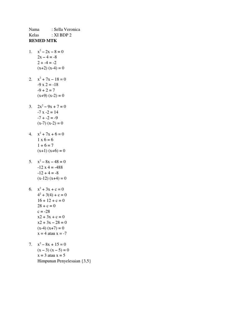 Solving Quadratic Equations: A Collection of Worked Examples Solving ...