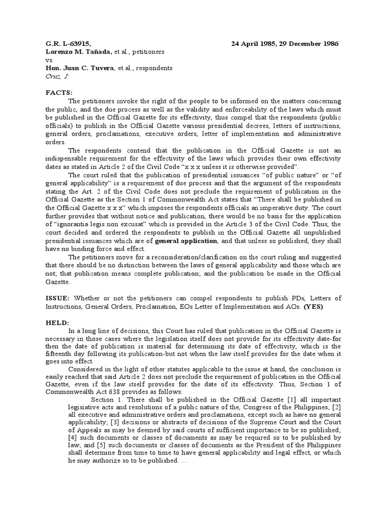 CASE No. 1 Lorenzo Tanada Vs Ho. Juan Tuvera | PDF | Decree | Public Sphere