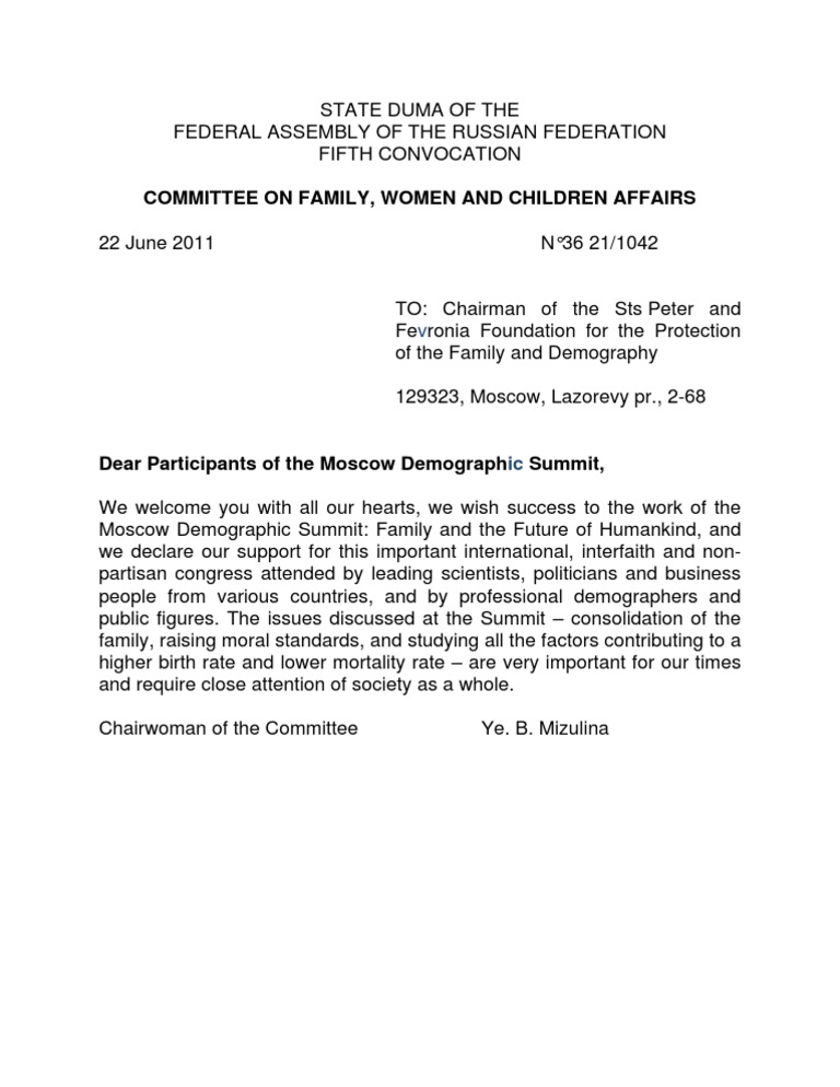 Moscow Demographic Summit Support Letter | PDF | Self-Improvement