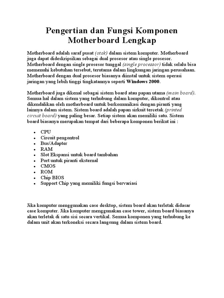 Pengertian Dan Fungsi Komponen Motherboard Lengkap | PDF
