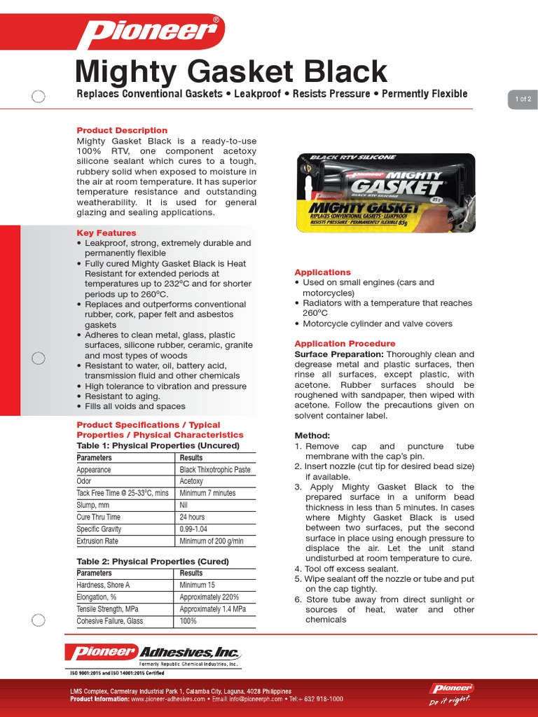 TDS - Pioneer Mighty Gasket Black - 022019 | PDF | Silicone | Materials
