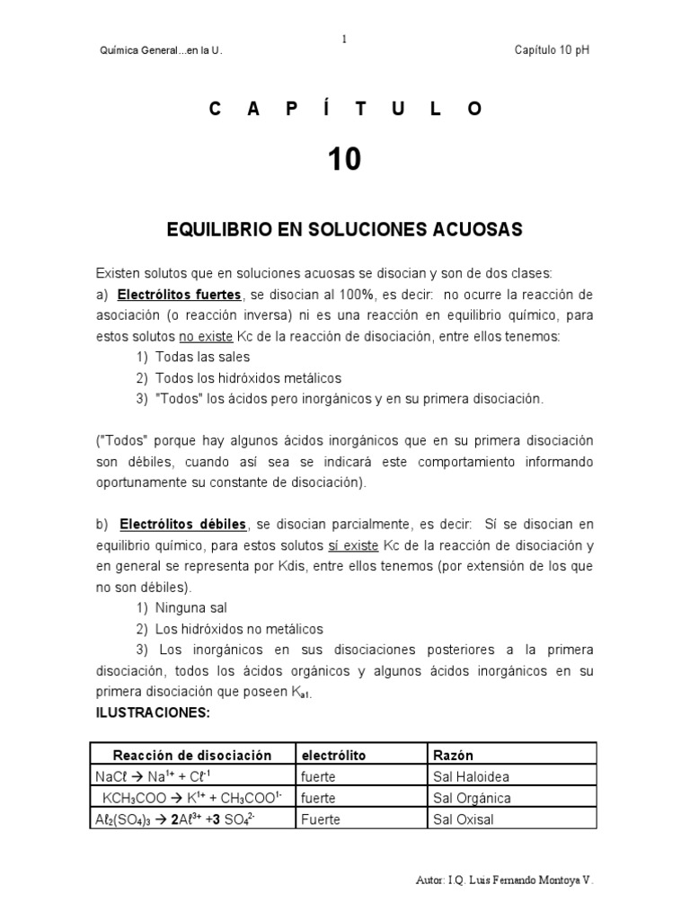 Cap 10 PH Equilibrio en Soluciones Acuosas | PDF | Sal (química) | Ácido