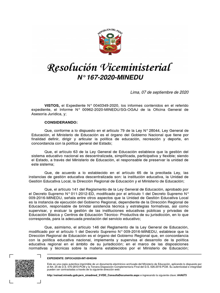 Bases RVM N 167 2020 Minedu | PDF | Educación primaria | Gobierno E