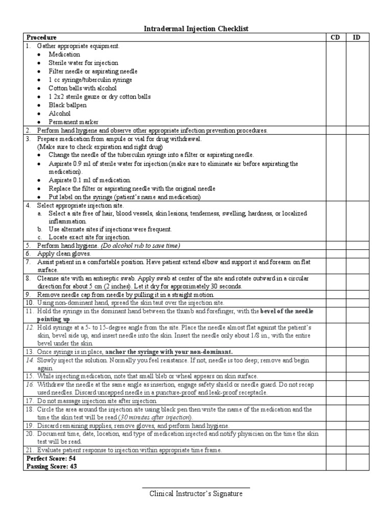 IM and ID Injection Checklists | PDF | Injection (Medicine) | Syringe