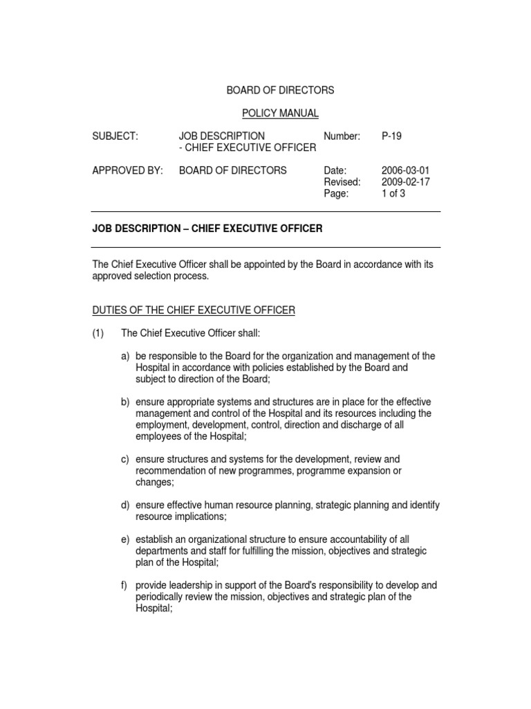 Board of Directors Policy Manual Chief Executive Officer Job ...