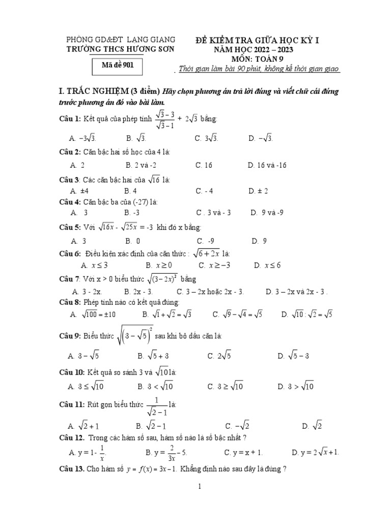 De Giua Hoc Ky 1 Toan 9 Nam 2022 2023 Truong Thcs Huong Son Bac Giang | PDF