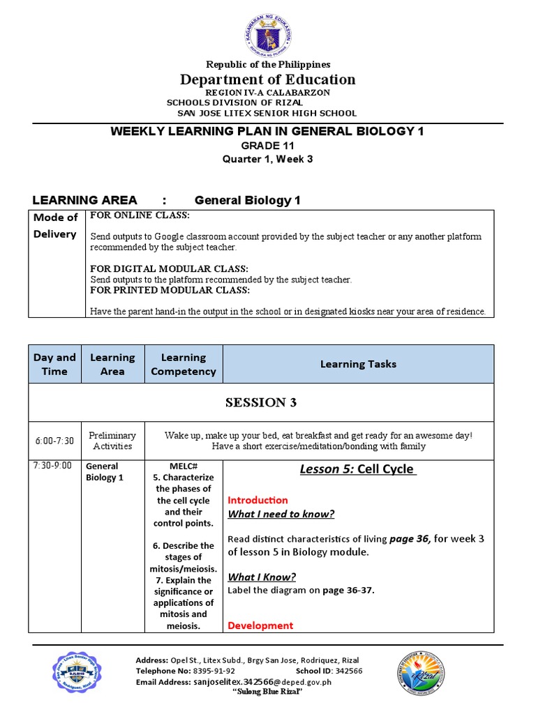 WEEKLY LEARNING PLAN General Biology 1 First Quarter Week 3 | PDF ...