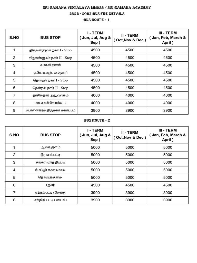 2022-2023 Bus Fee Structure Details | PDF