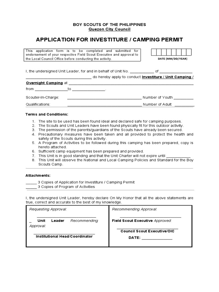 QC Camping Investiture Permit | PDF | Scouting | Camping