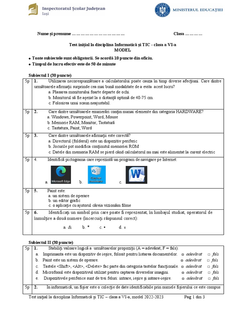 6-Test Initial Clasa A VI-a MODEL | PDF