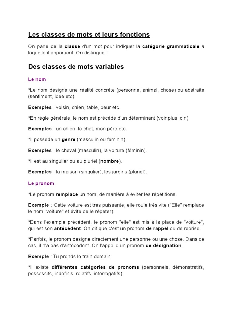 Classes de mots et leurs fonctions | PDF | Adjectif | Pronom