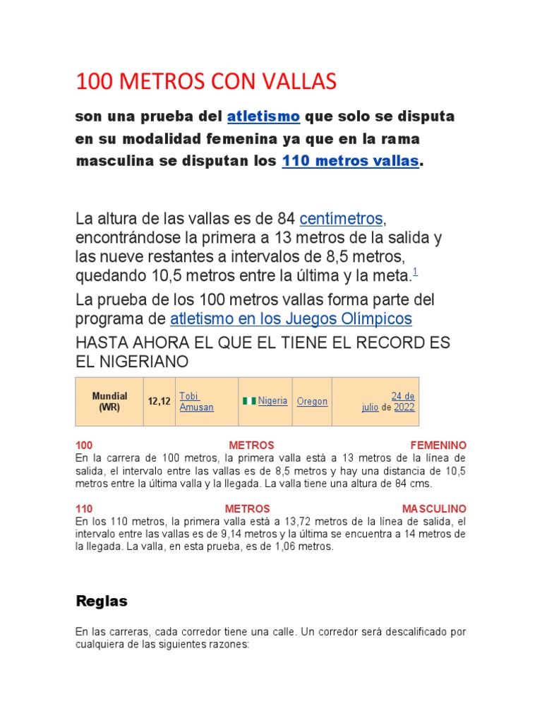 Reglas y medidas de 100 metros vallas | PDF