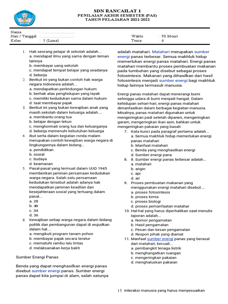 Soal Pas Kelas 5 Tema 6 Pdf - EmriDev