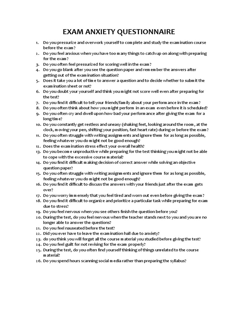 Exam Anxiety Questionnaire for Students | PDF | Test (Assessment) | Anxiety