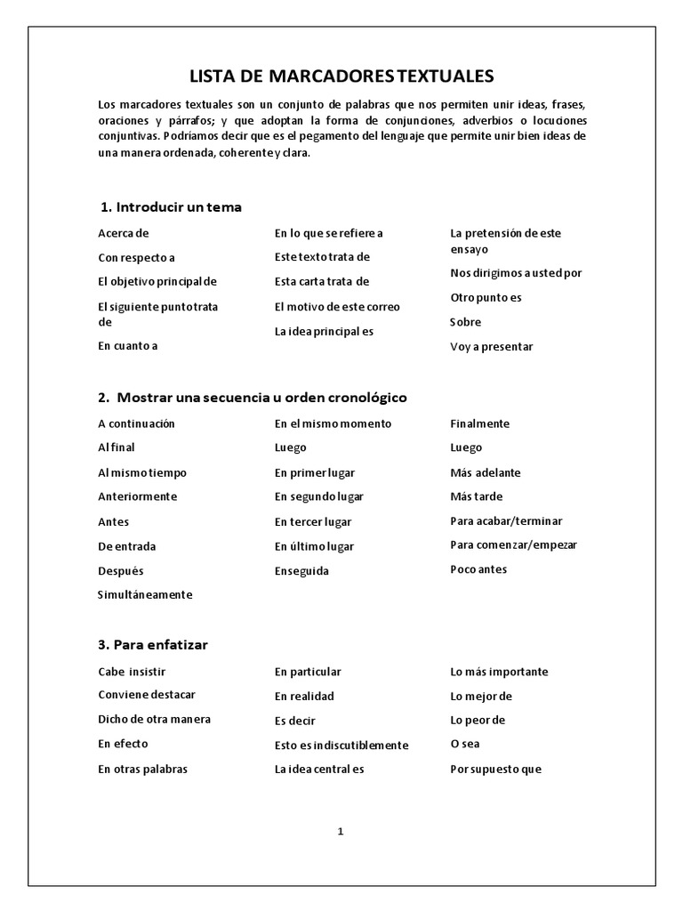 Lista de Marcadores y Conectores Textuales | PDF