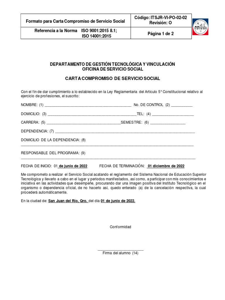 Carta Compromiso para Servicio Social | PDF | Gobierno | Justicia
