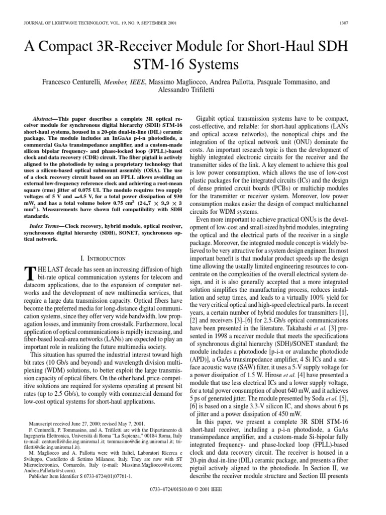 A Compact 3R-Receiver Module For Short-Haul SDH STM-16 Systems | PDF ...