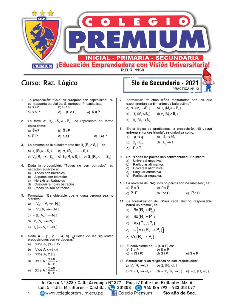Razonamiento lógico: Práctica de formalización de proposiciones lógicas | PDF | Análisis | Toma ...