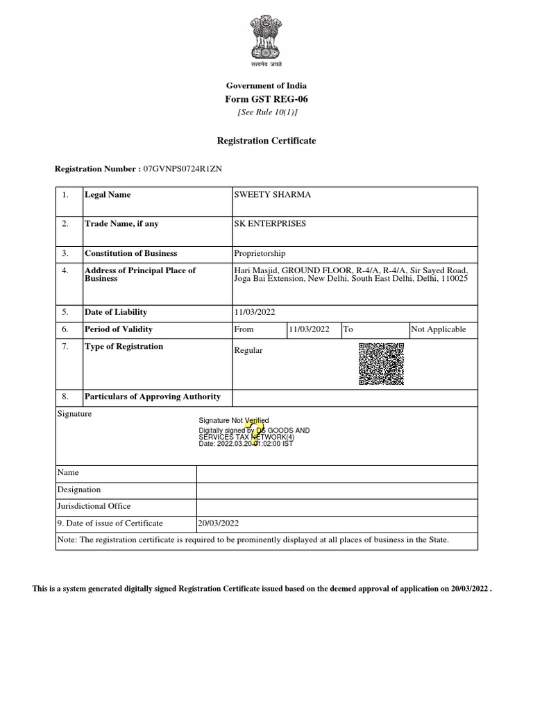 Registration Certificate Issued to Sk Enterprises for Regular GST Registration as a ...