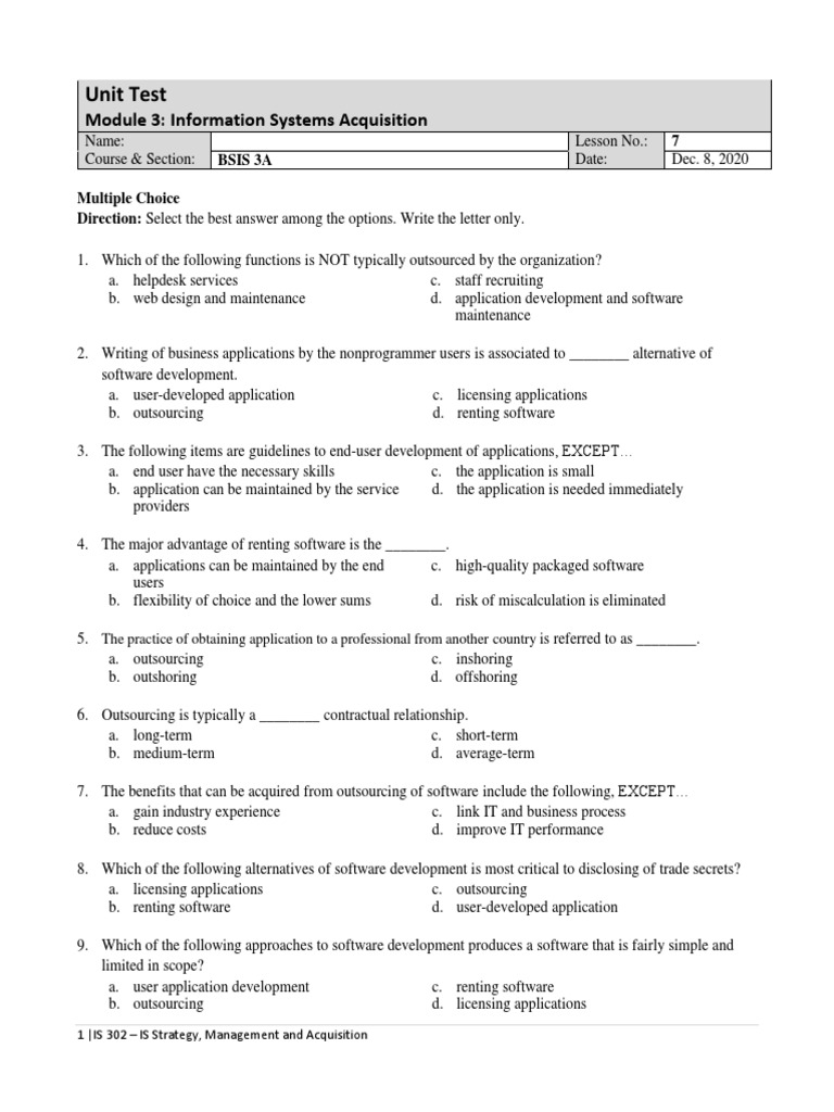 Unit Test - Module 3 - BSIS 3A | PDF | Outsourcing | Application Software