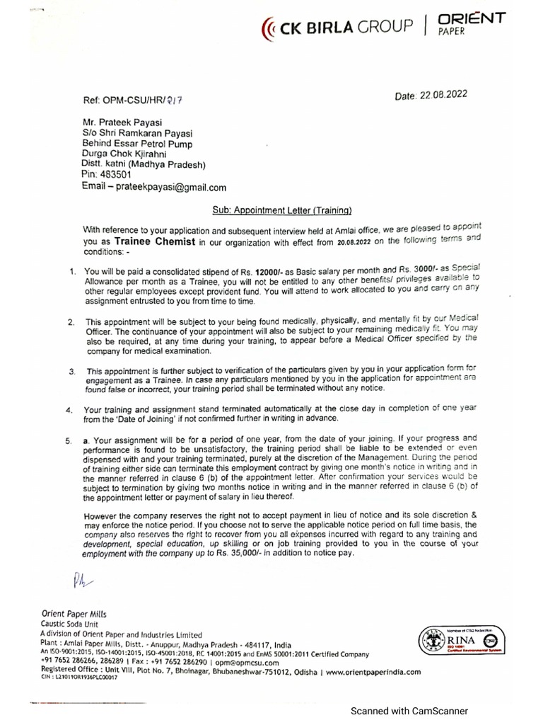 Appointment Letter Prateek Payasi | PDF