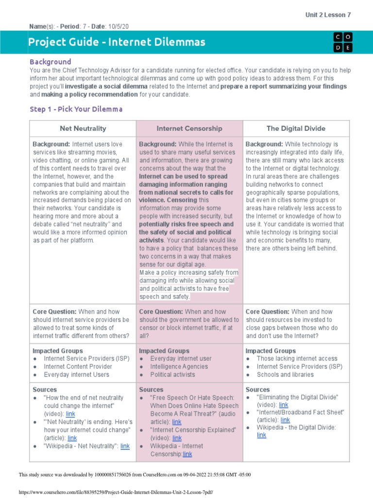 Project Guide Internet Dilemmas Unit 2 Lesson 7 PDF | PDF | Internet ...