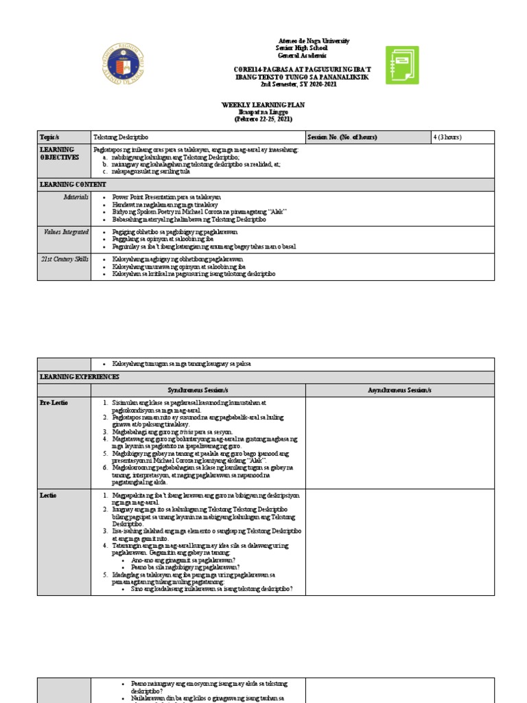 Weekly Learning Plan - Week 6 | PDF
