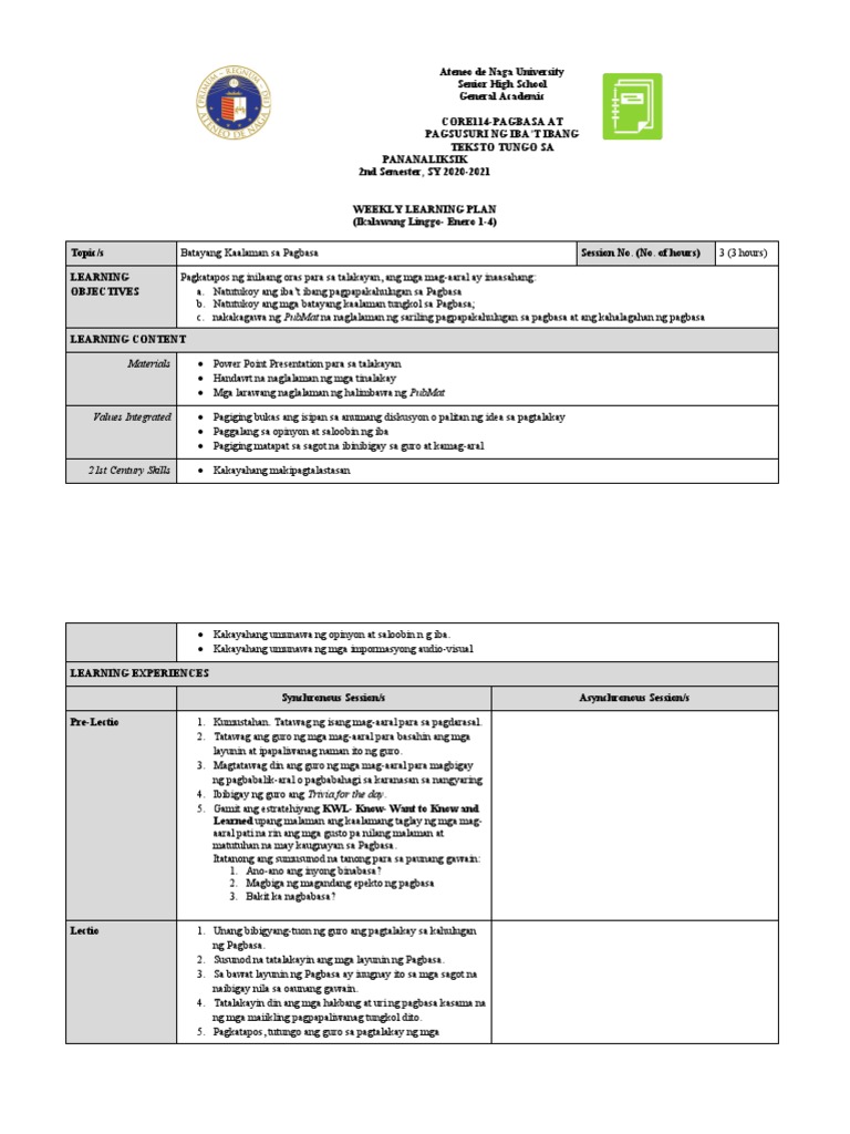 Weekly Learning Plan - Week 2 | PDF