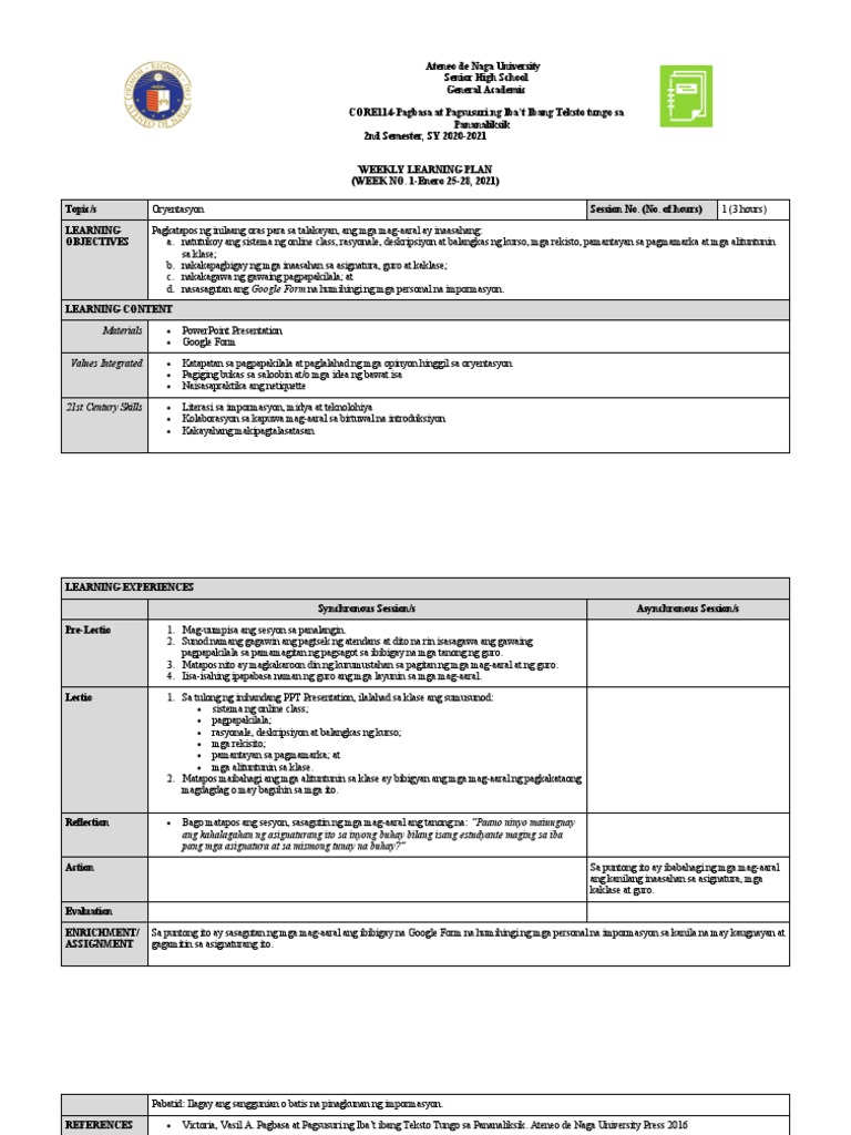 Weekly Learning Plan - Week 1 | PDF
