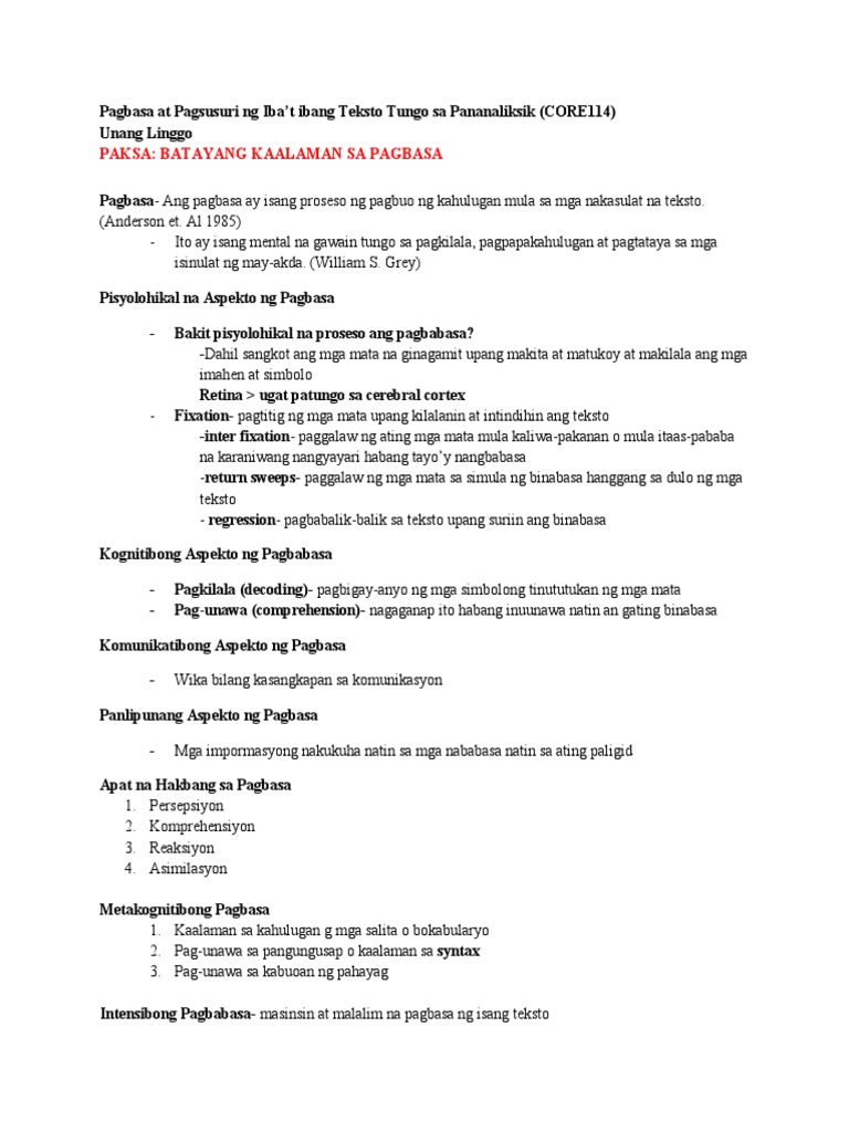 Batayang Kaalaman Sa Pagbasa - W1 | PDF