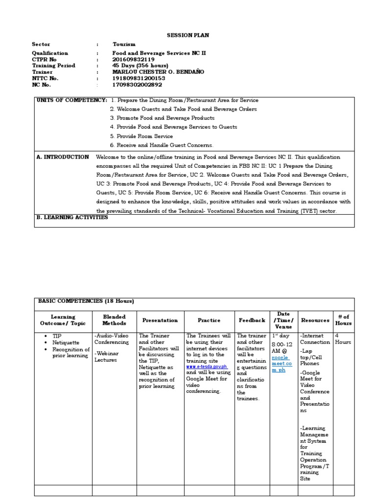 Food and Beverage Services Training Plan | PDF | Communication | Cognition